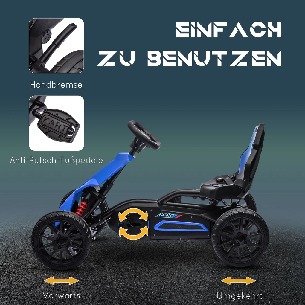 HOMCOM Motokára, dětské vozidlo s nastavitelným sedadlem, šlapací vozidlo, šlapací auto s ruční brzdou, čtyřkolka pro děti od 3 do 8 let, modrá | Aos…