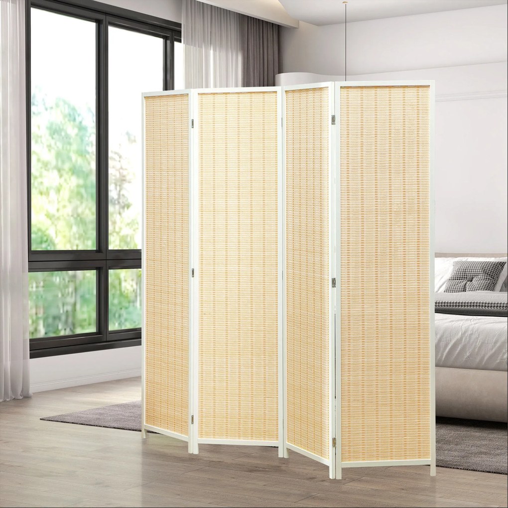 HOMCOM Skládací Oddělovač Místnosti 4 Panely 180x180 cm Ručně Tkaný z Bambusu a Bavlny Elegantní Dekorace do Obývacího Pokoj Bílá