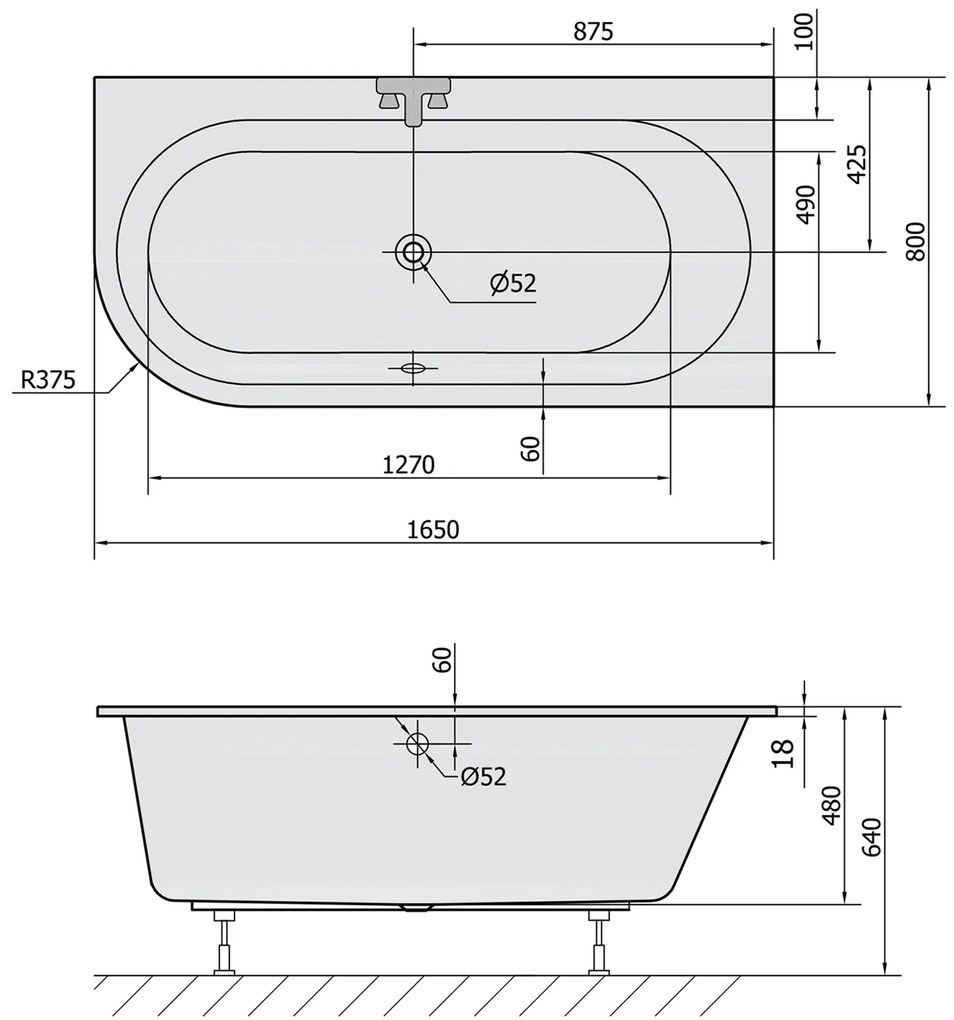 Polysan ASTRA R SLIM asymetrická vana 165x80x48cm, bílá, 34611S