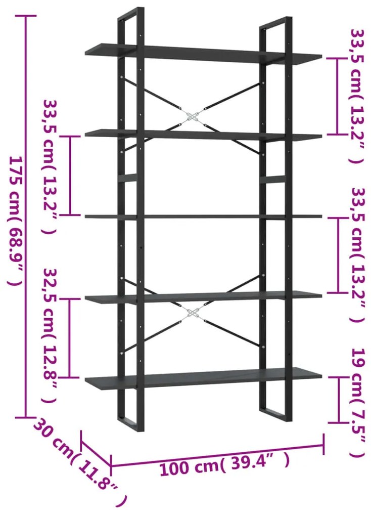 vidaXL Marketos Knihovna s 5 policemi šedá 100 x 30 x 175 cm borové dřevo