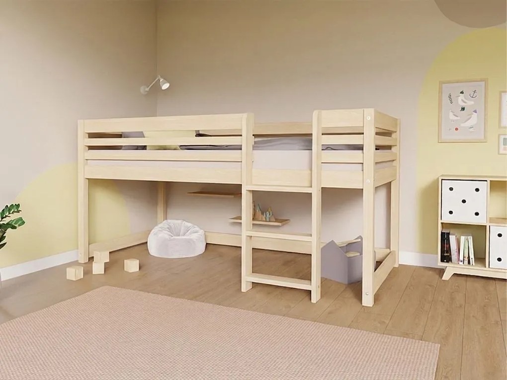 Benlemi Nízká vyvýšená postel TULY s žebříkem 90x200 cm Zvolte barvu: Bílá, Zvolte stranu: Vpravo, Zvolte variantu: Se závěsem