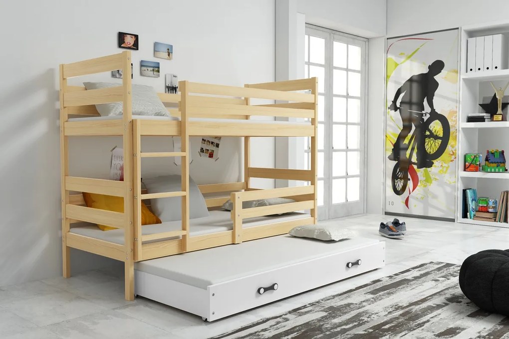ImportWorld Dětská patrová postel Liběna - 3 osoby, 90x200 s výsuvnou přistýlkou – Borovice, Bílá