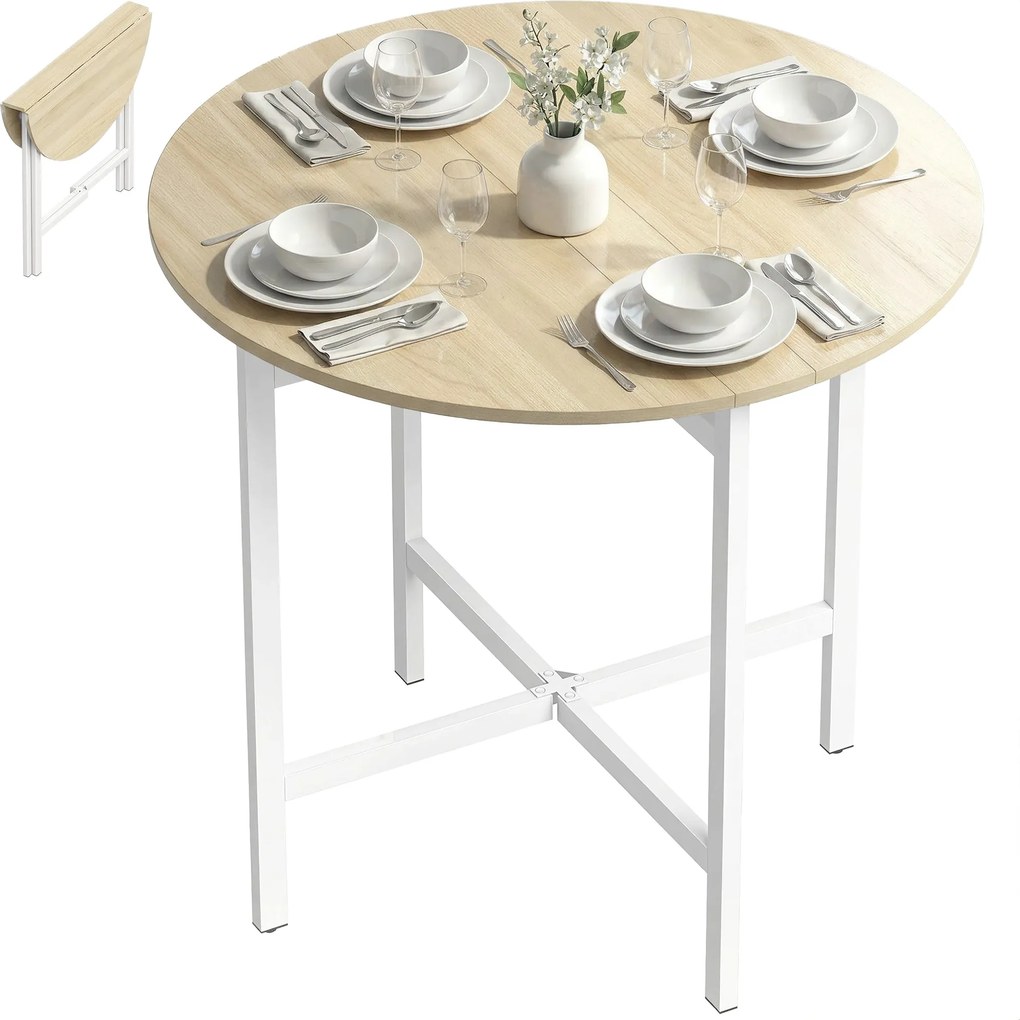 HOMCOM skládací kulatý jídelní stůl pro 2–4 osoby, úspora místa, sklopné desky, ocelový rám, dekor dřeva/bílá, 80 x 76 cm