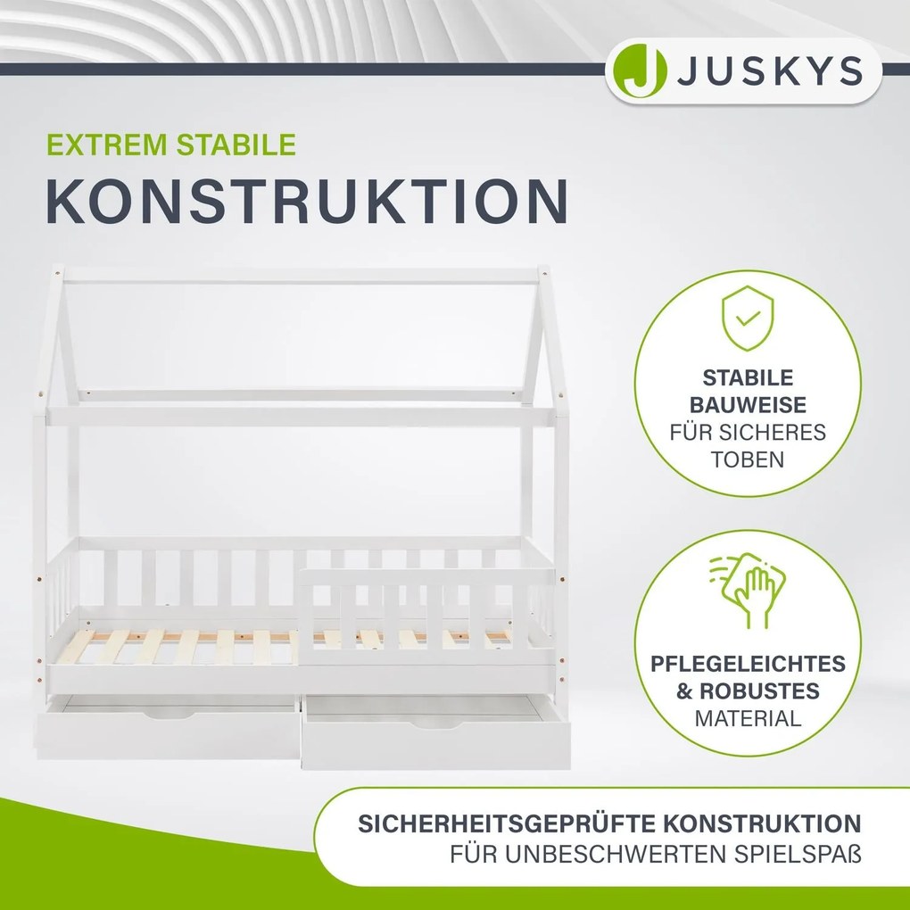 Juskys Dětská domečková postel Marli 90 × 200 cm se zásuvkami Barva: Bílá, Velikost: 90 × 200 cm