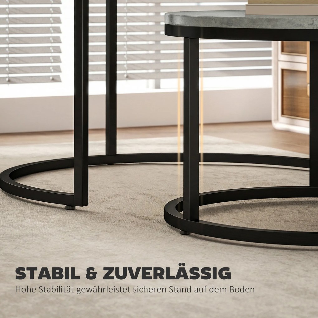 HOMCOM sada 2 kulatých konferenčních stolků — betonový vzhled, kovový rám, 78,5 × 78,5 × 46,5 cm, šedá