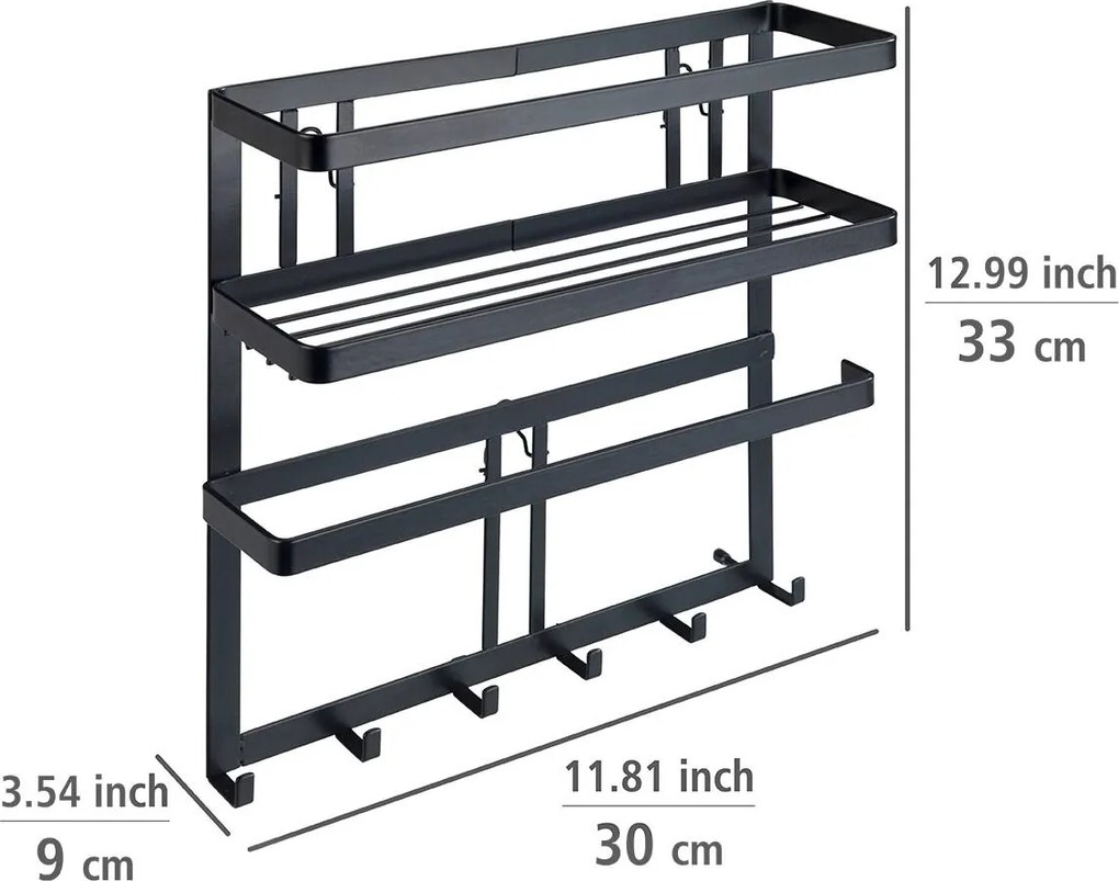 GALA multifunkční kuchyňská police s držákem na papírové utěrky a háčky, černá, WENKO