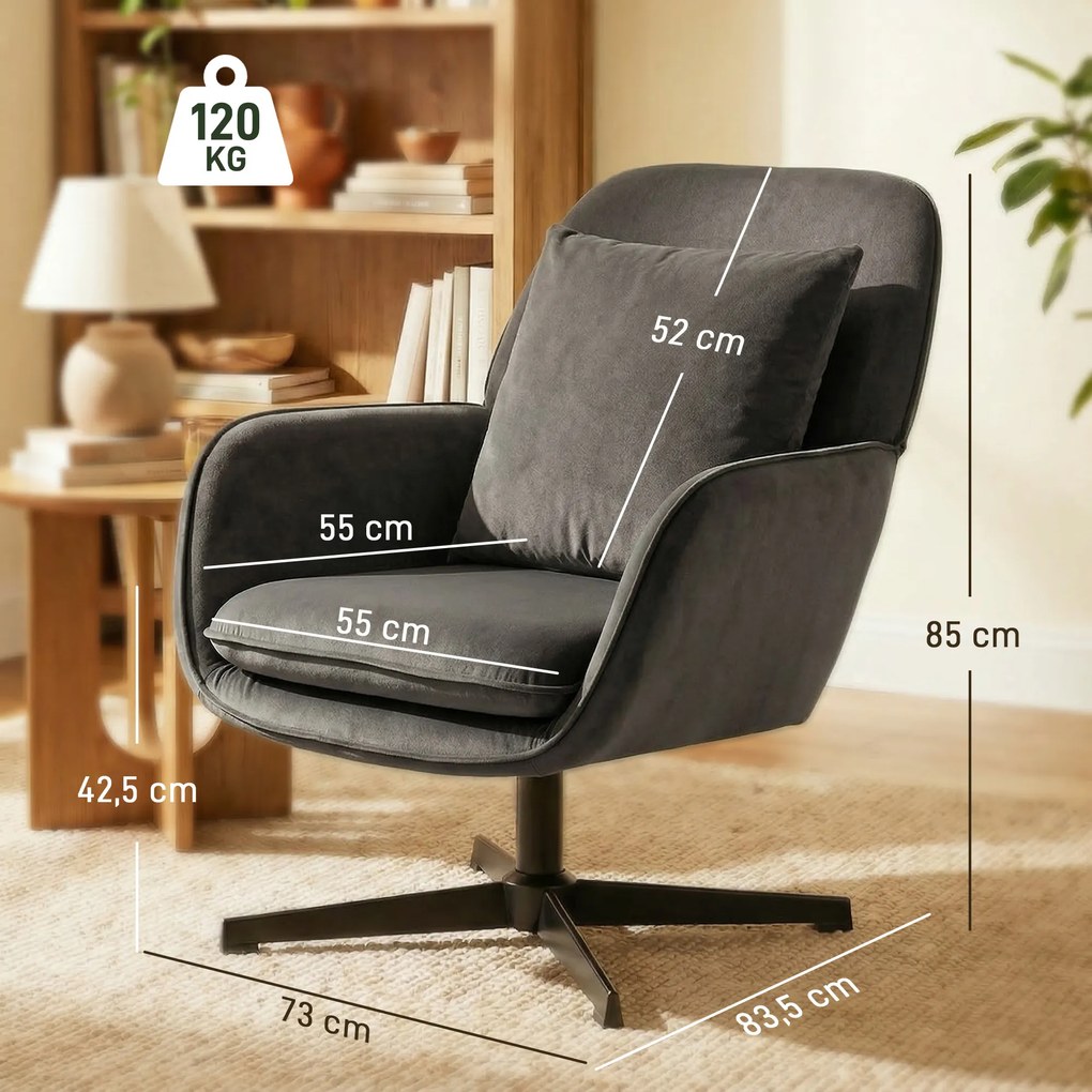 HOMCOM Křeslo do obývacího pokoje, polstrované sametové křeslo s velkou sedací plochou, bederní polštář a kovová konstrukce, tmavě šedá