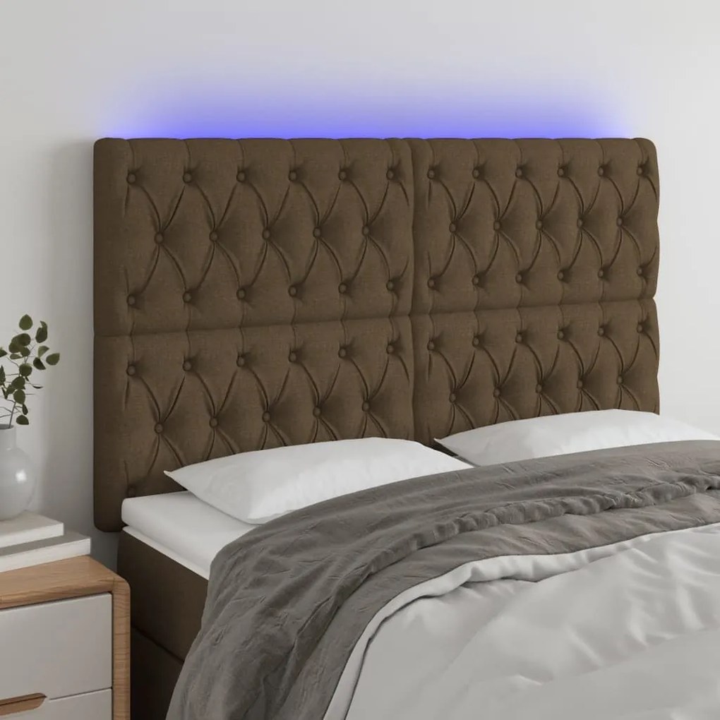Čelo postele s LED tmavě hnědé 144x7x118/128 cm textil