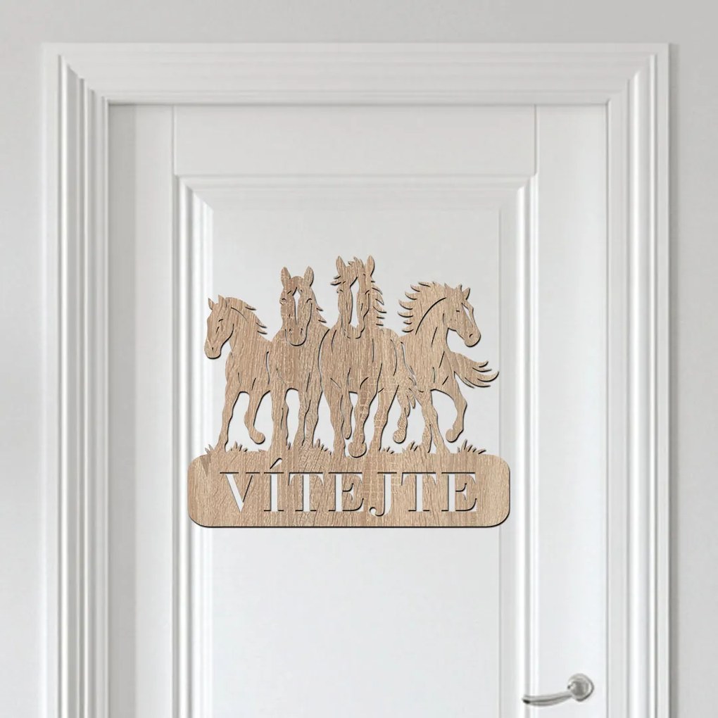 dřevo života Cedulka Vítejte s motivem koní Zvolte rozměr (cm): 40x34, Zvolte barvu dekoru: Horský dub