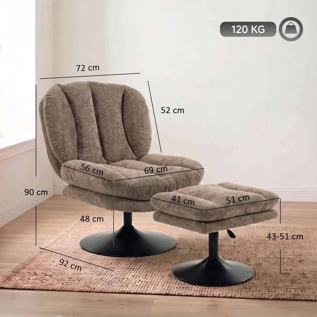 HOMCOM Lounge křeslo s podnožkou, 360° otočné, z Raindrop sametu, výškově nastavitelná podnožka, hnědé