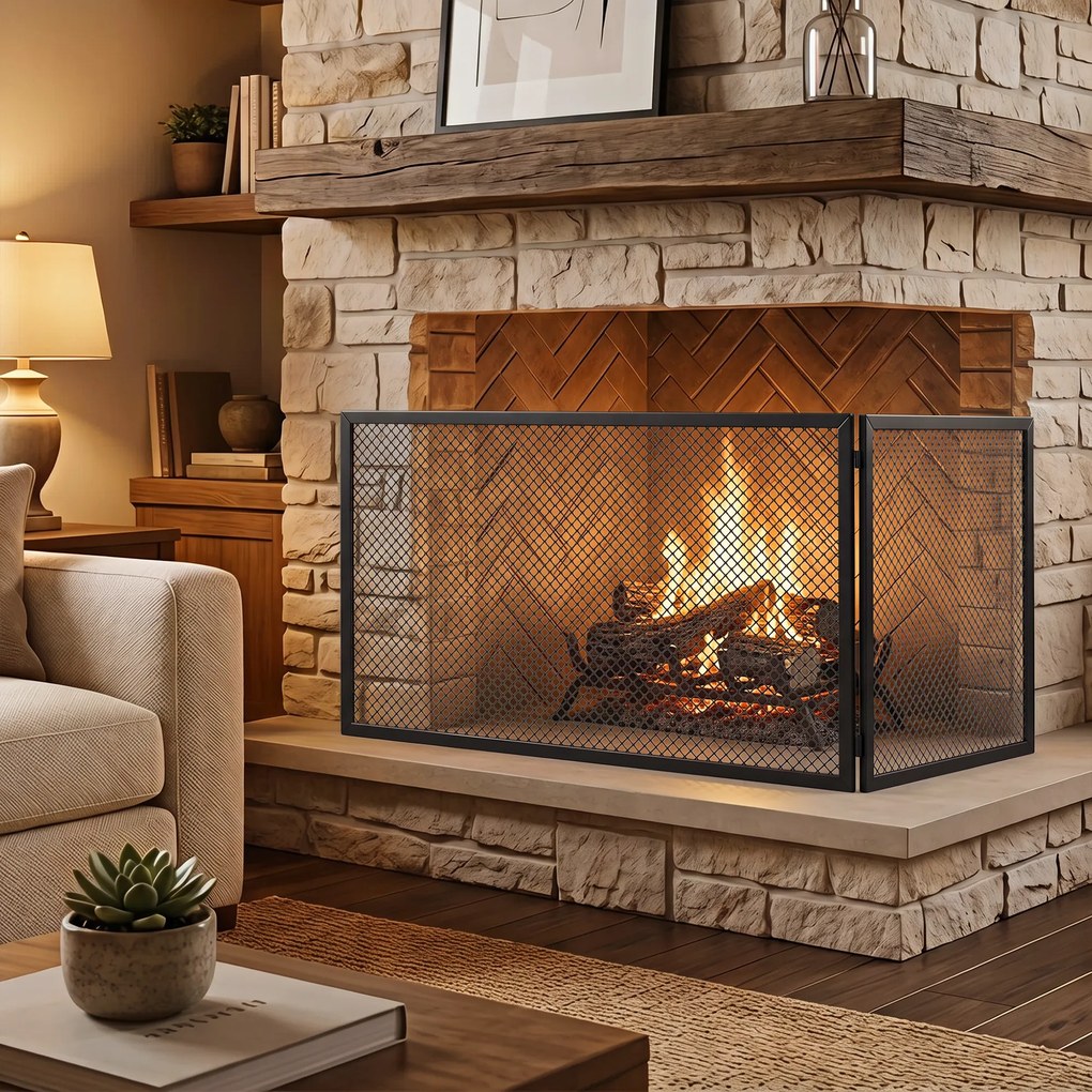 HOMCOM Ochranná mřížka na krb, skládací kovová ochrana proti jiskrám pro obývací pokoj, ložnici, 141x50 cm, černá