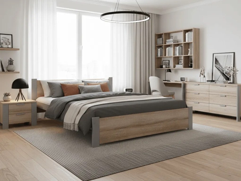 Postel IKAROS 160 x 200 cm, dub sonoma/šedá Matrace: Matrace Coco Maxi 20 cm, Rošt: S lamelovým roštem