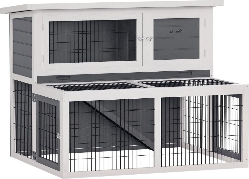 PawHut Kotec pro králíky 2 patra se skládací střechou, dřevěná králičí klec, zimní dvoupodlažní dům s výběhem 122x95x93,5 cm, venkovní úkryt pro malé…