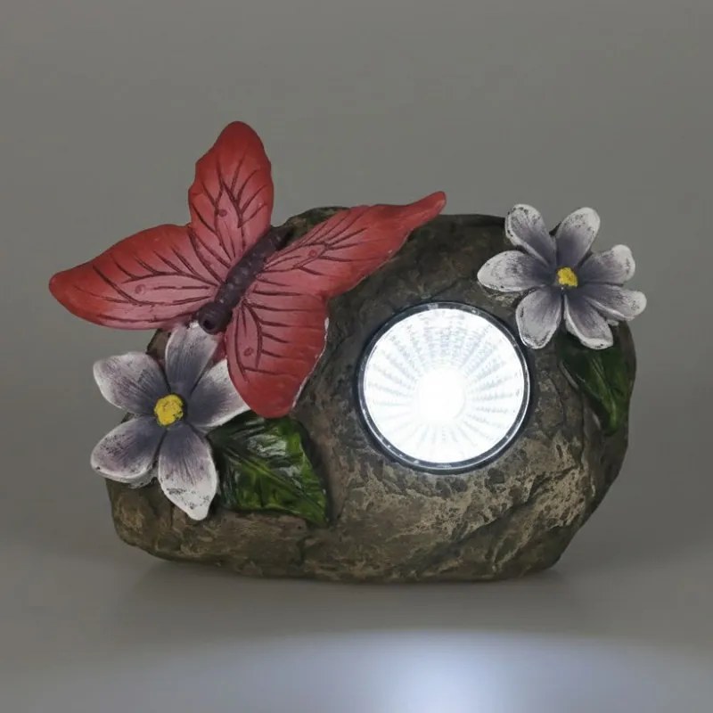 Motýl na kameni s LED světlem – červený 10 cm