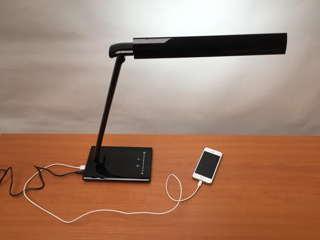 LED stolní lampička stmívatelná USB, 12W, volba teploty světla, černý lesk