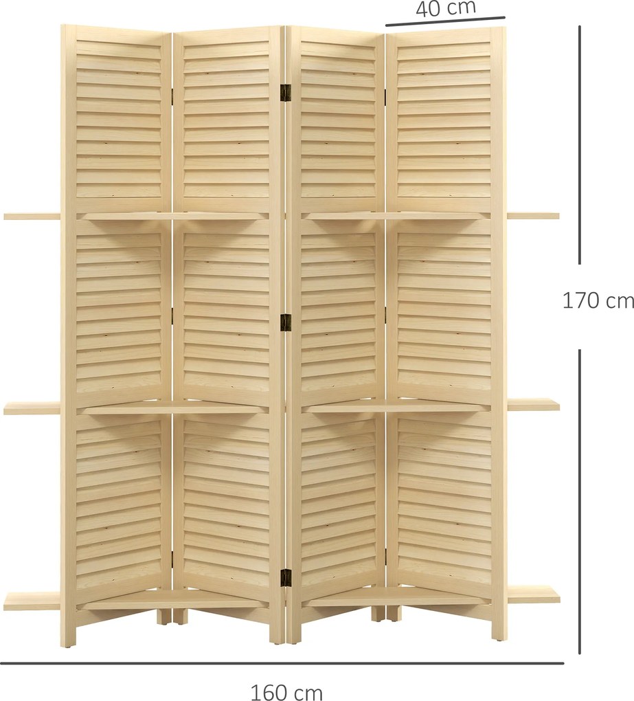 HOMCOM Příčka do interiéru 4 panely 160D x 170V cm 3 skládací police s žaluzkovými dveřmi z přirozeného paulovního dřeva