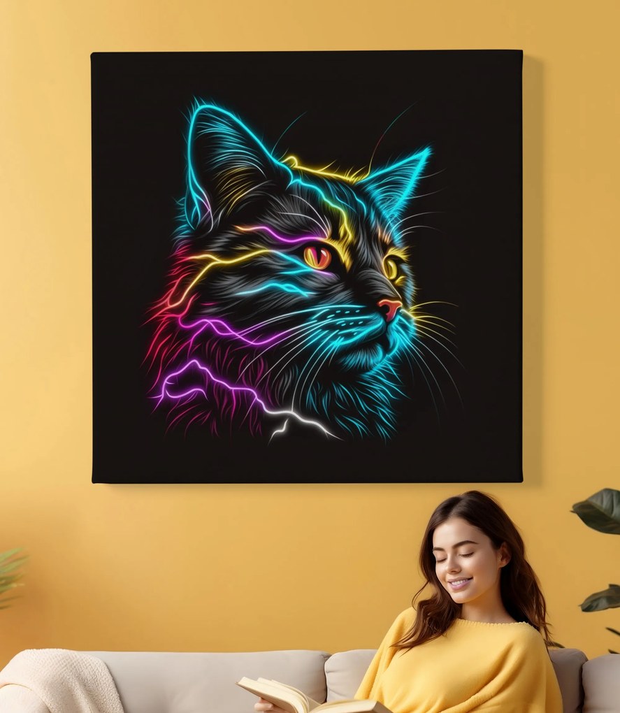 Obraz na plátně - Barevná zářící kočka FeelHappy.cz Velikost obrazu: 100 x 100 cm