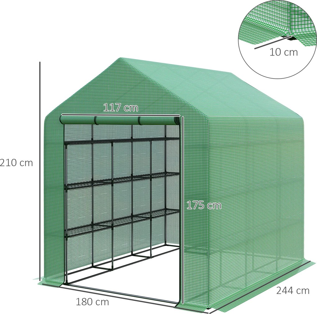 Outsunny Skleník s 8 policemi Skleník na rajčata Skleníkový chladicí rám s dveřmi Zelený ocelový PE plast 244 x 180 x 210 cm