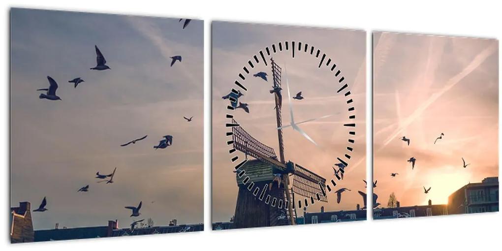 Obraz větrného mlýna (s hodinami) (90x30 cm)