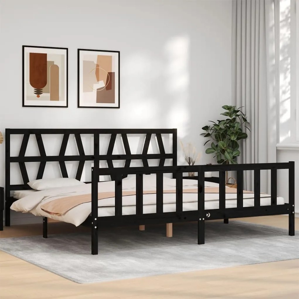 Rám postele s čelem černý 200 x 200 cm masivní dřevo,  3192515