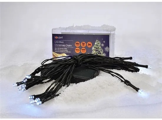 SOLIGHT LED vánoční řetěz, 3m, 20 LED, 3 x AA, bílé světlo, zelený kabel