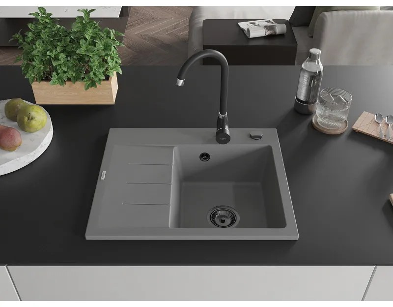 Mexen Ben, 1-komorový granitový dřez 600x500x190 mm, pravý + černý sifon, šedá, 6523605000-71-B