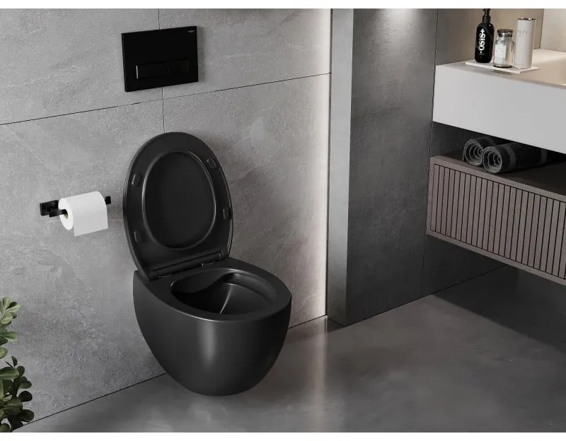 Mexen Egg, závěsná WC mísa Rimless s duroplastovým sedátkem s pomalým zavíráním, černá matná, 30245070
