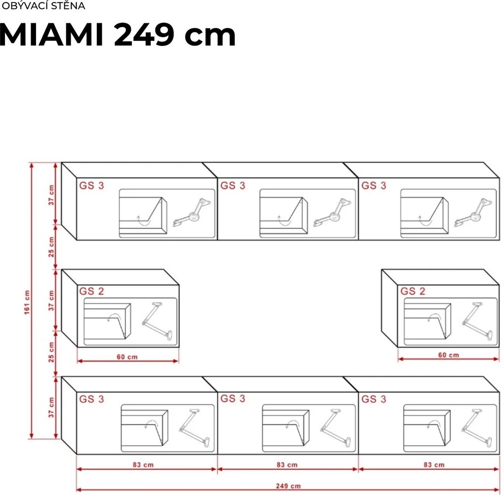 Ral Obývací stěna MIAMI 6, 249 cm- Bílý lesk