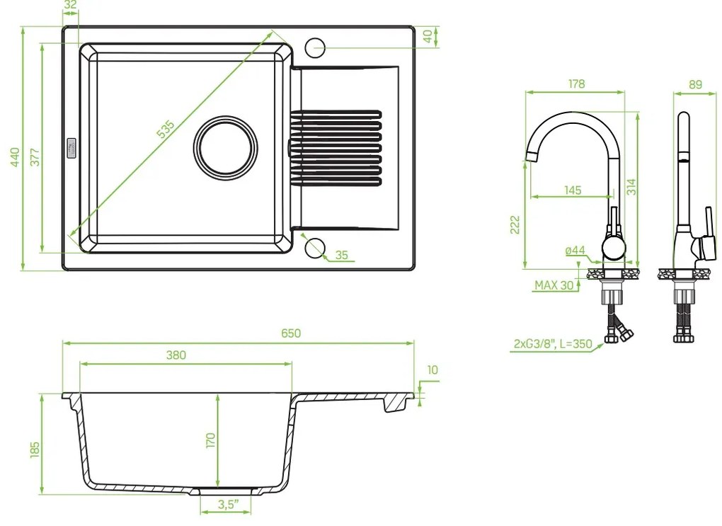 Laveo Celia, 1,5-komorový granitový dřez 650x440x195 mm + dřezová baterie s výlevkou ve tvaru U, béžová, LAV-SJCA430T