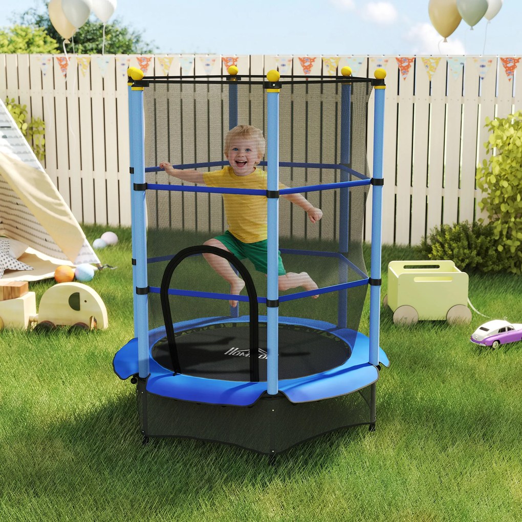 HOMCOM dětská trampolína Ø140 cm, trampolína s ochrannou sítí, kryt hran, zahradní trampolína pro děti 3-10 let, max. zatížení 50 kg, modrá barva
