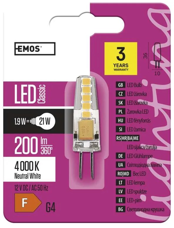 Emos lighting LED žárovka Classic JC 1,9W 12V G4 neutrální bílá