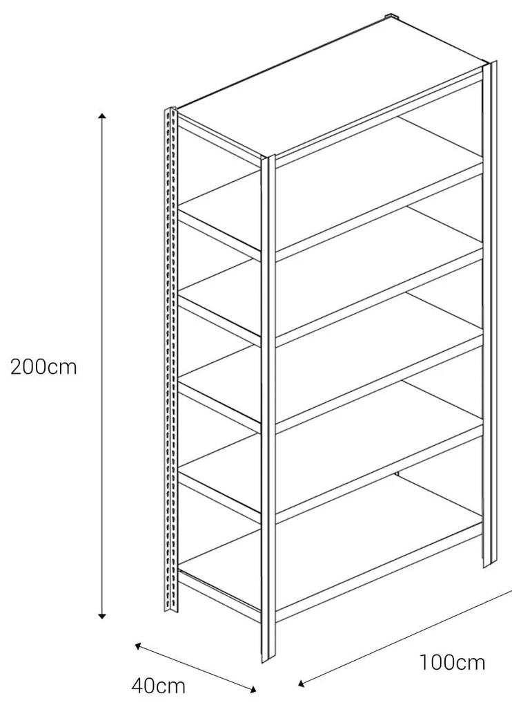 Bezšroubové kovové regál 200x100x40cm T profil, 6 polic