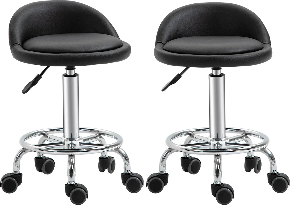 HOMCOM Set 2 otočných stoliček - pracovní stolička 360° - nastavitelná výška sedáku 47-62H cm, ergonomické opěradlo - chromovaná ocel s černým synteti