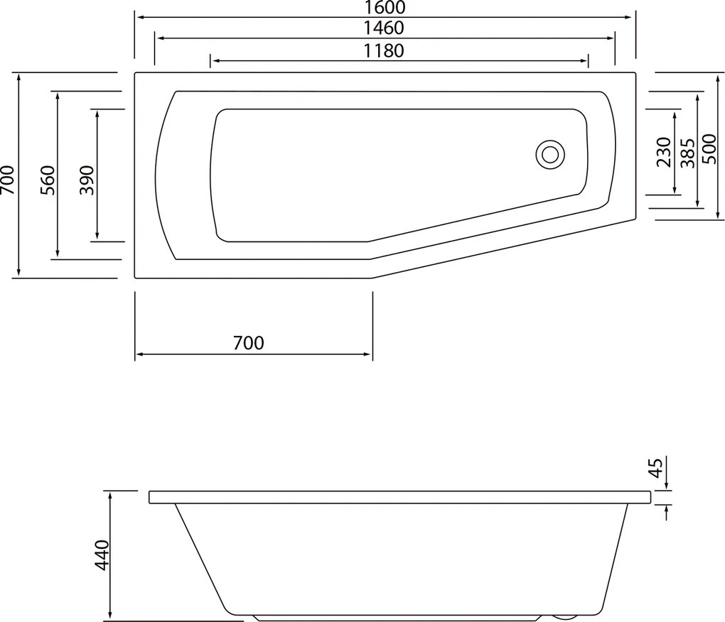 Aqualine Opava C1670 asymetrická vana 160 x 70 cm akrylátová levá