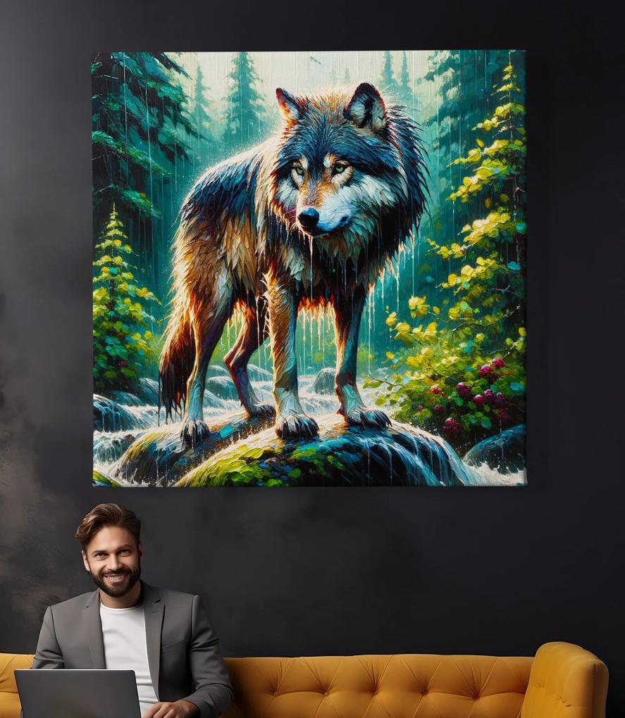 Obraz na plátně - Vlk v deštivém lese FeelHappy.cz Velikost obrazu: 100 x 100 cm