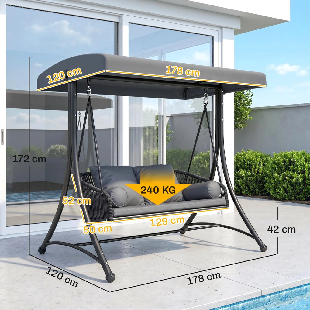 Outsunny ratanová houpačka Hollywood pro 2 osoby — zahradní lavice s nastavitelnou stříškou a polštáři, A-rám, nosnost 240 kg, 178 × 120 × 172 cm (tm…