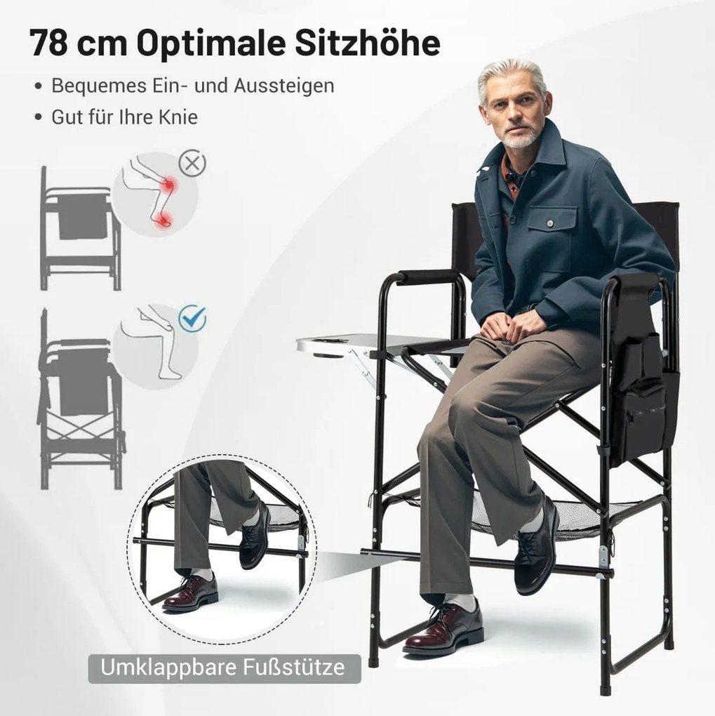 Costway Camping Chair Skládací vysoká skládací židle s bočním stolkem