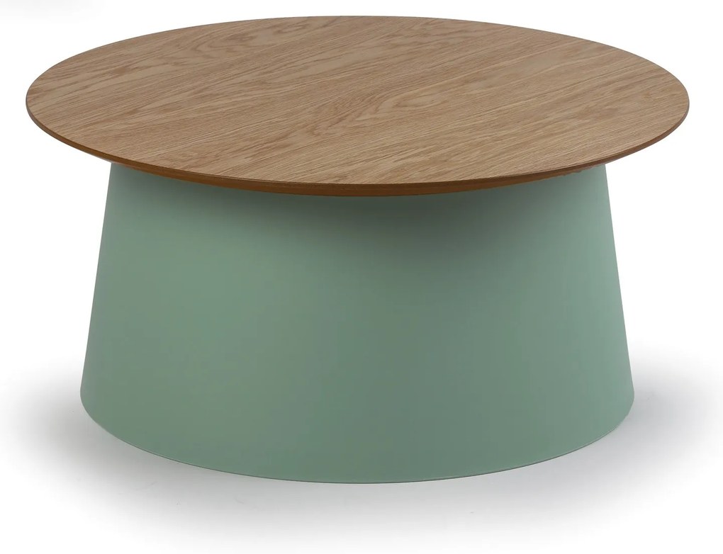 Plastový kávový stolek SETA s dřevěnou deskou, průměr 69 cm, dub/zelená