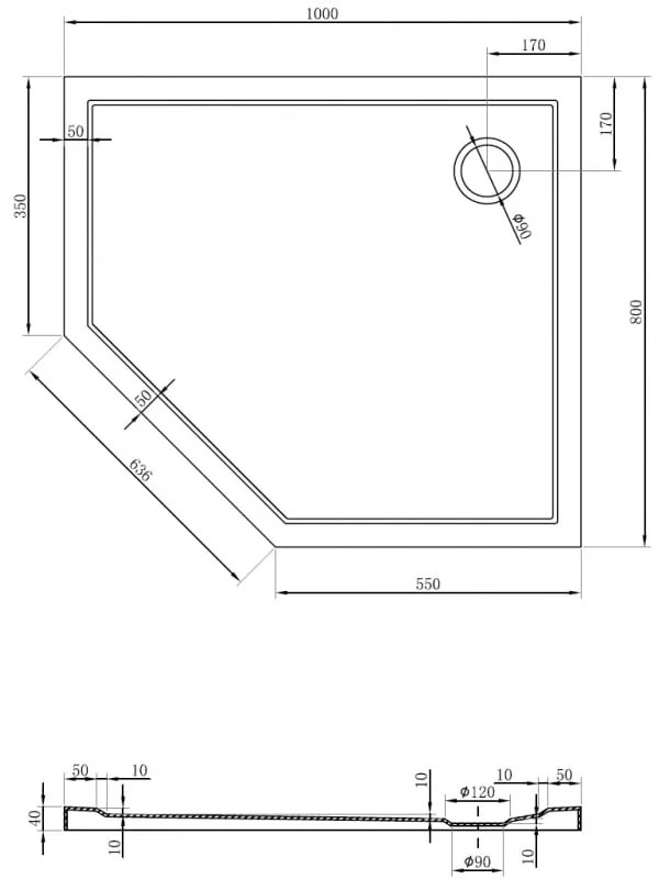Mexen Flow Slim, pravostranná pětiúhelníková sprchová vanička 100 x 80 cm, bílá lesklá, 46P108010R