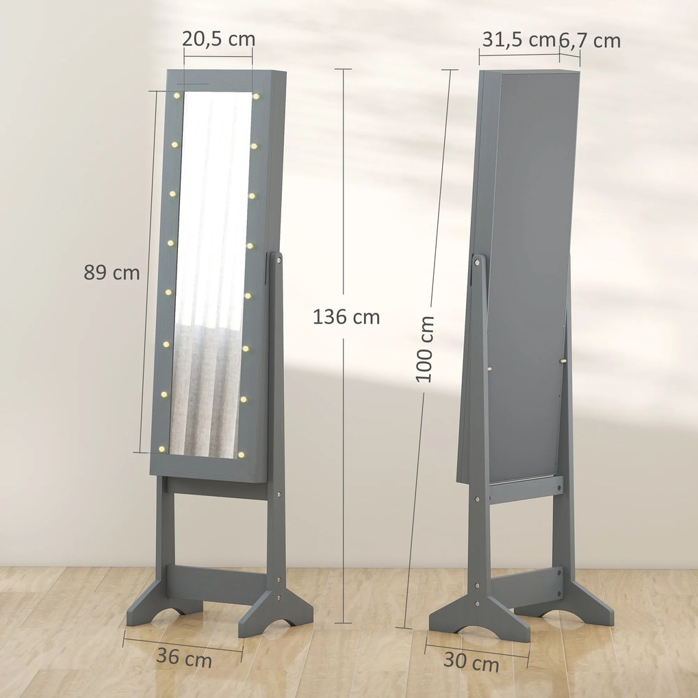 HOMCOM Šperkové zrcadlo s LED – stojací skříňka, nastavitelný celozrcadlový stojan, šedá