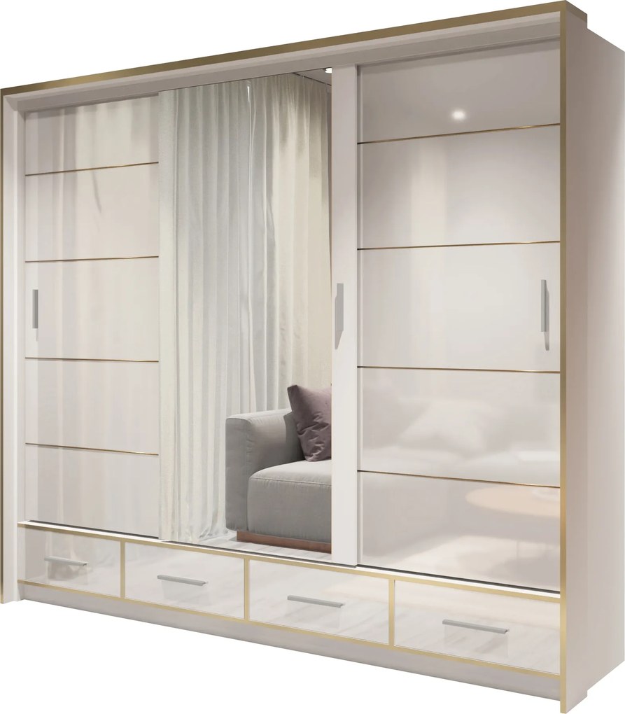 ARK Šatní skříň SABRINA, Bílá + LED osvětlení 253 cm