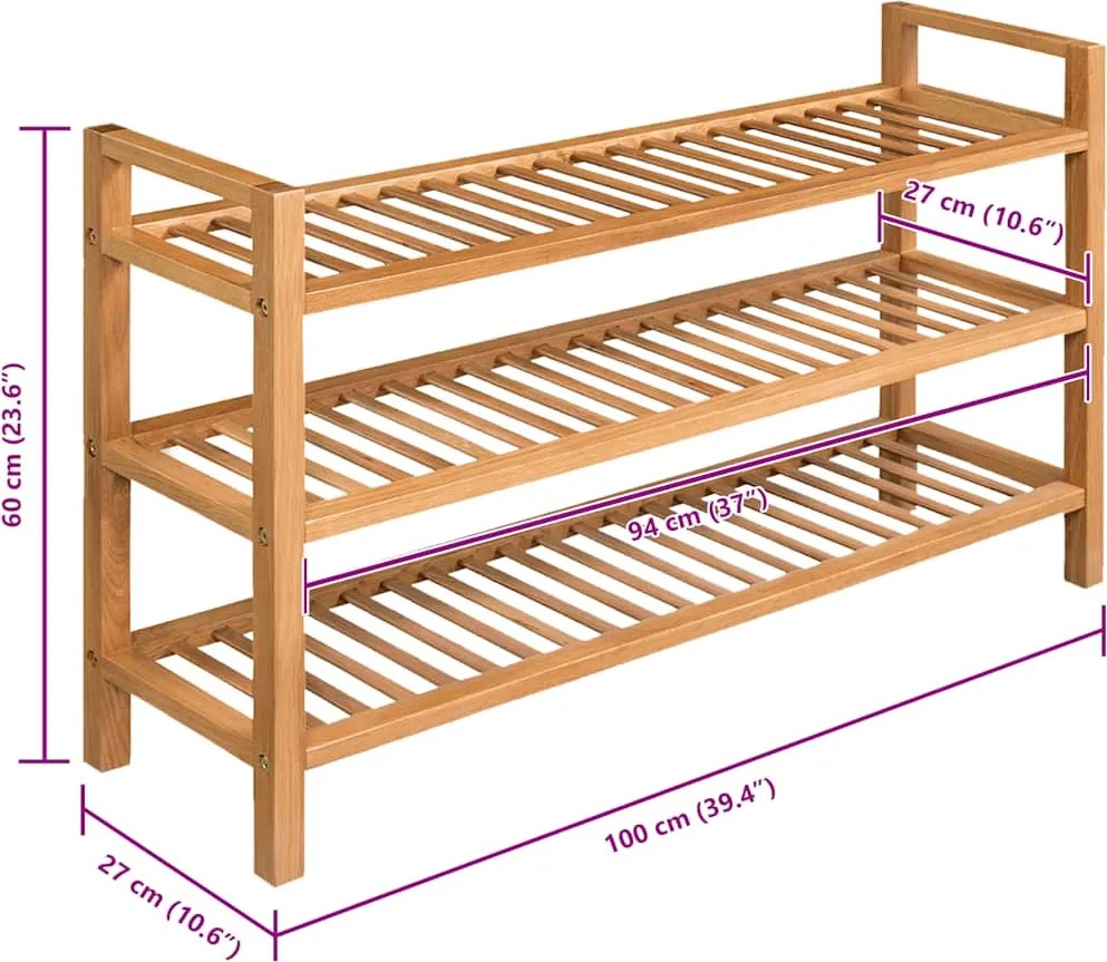 Botník se 3 policemi 100 x 27 x 60 cm masivní dubové dřevo 244209