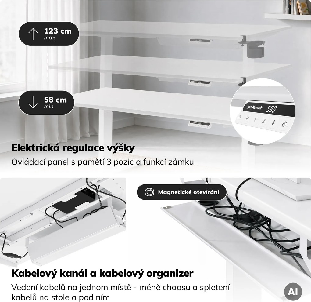 Elektrický stůl s nastavitelnou výškou ergonomický bílý,1600x800 mm: ARIA