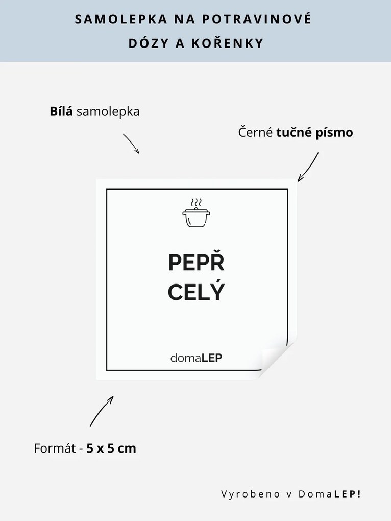 Samolepka na kořenky PEPŘ CELÝ bílá 5 × 5 cm tučné písmo