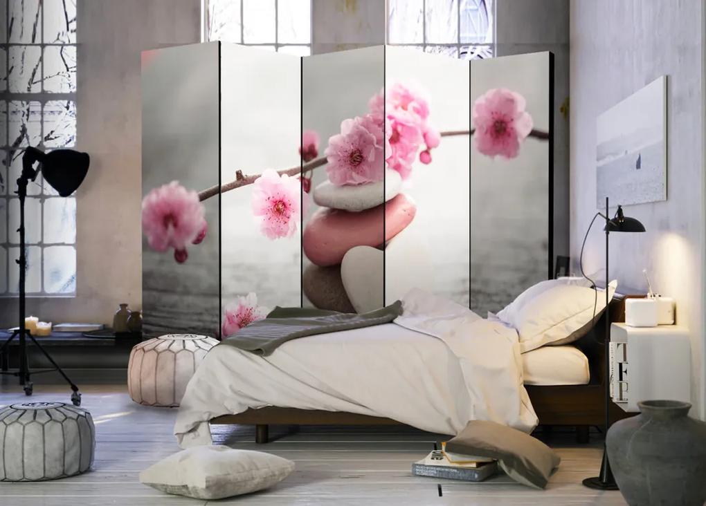 Pokojová zástěna Zen květiny II - barevné kameny ve tvaru srdce a růžové rostliny