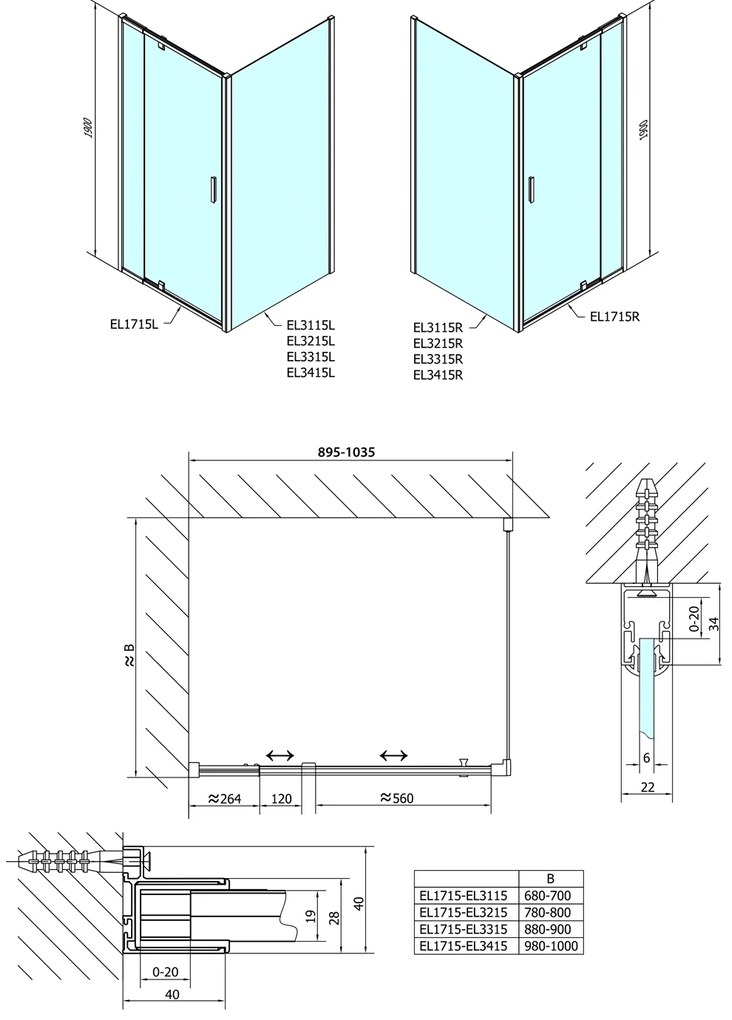 Polysan, Easy Line obdélníková/čtvercová sprchová zástěna pivot dveře 900-1000x900mm L/P, EL1715EL3315