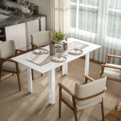 HOMCOM Rozkládací jídelní stůl, 120-160 x 70 cm, nastavitelný kuchyňský stůl pro 4-6 osob, MDF, vysoký lesk bílá