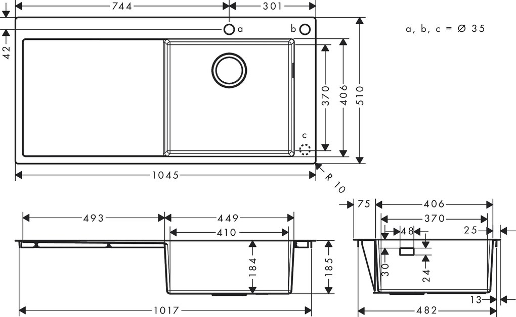 Hansgrohe - Nerezový dřez 1045x510mm s odkládací plochou vlevo a 1 otvorem pro baterii, nerezová ocel 43307800