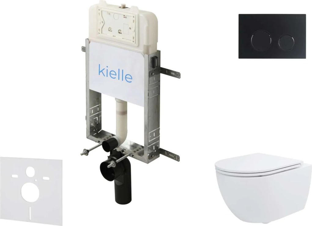 kielle Genesis New - Set předstěnové instalace, klozetu Oudee, Vortex Rimless+, sedátka softclose a tlačítka Gemini New II, matná černá 30502SZ06