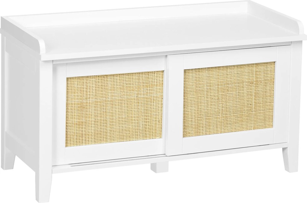 HOMCOM Botník se Sedadlem, Botový Kabinet se Sedací Ploché 2 Ratanové Dveře, Bohemian Styl, Nosnost 130 kg, pro Předsíň, 80x35x45 cm Bílá a Přírodní